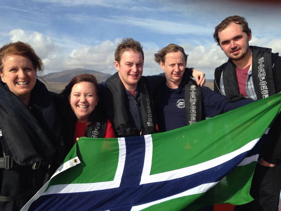 The South Uist flag at the Park Bar, Glasgow and held aloft by festival ...